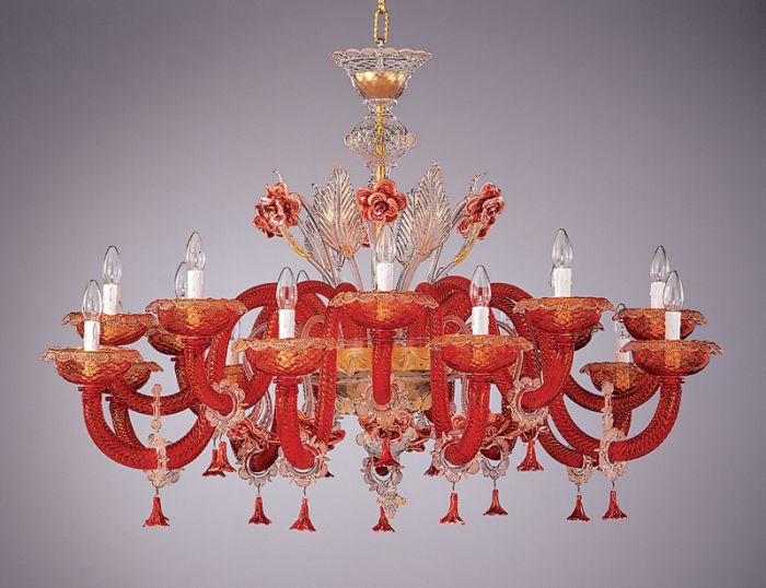 Red glass Italian 28 light chandelier | Coloured crystal Venetian ...
